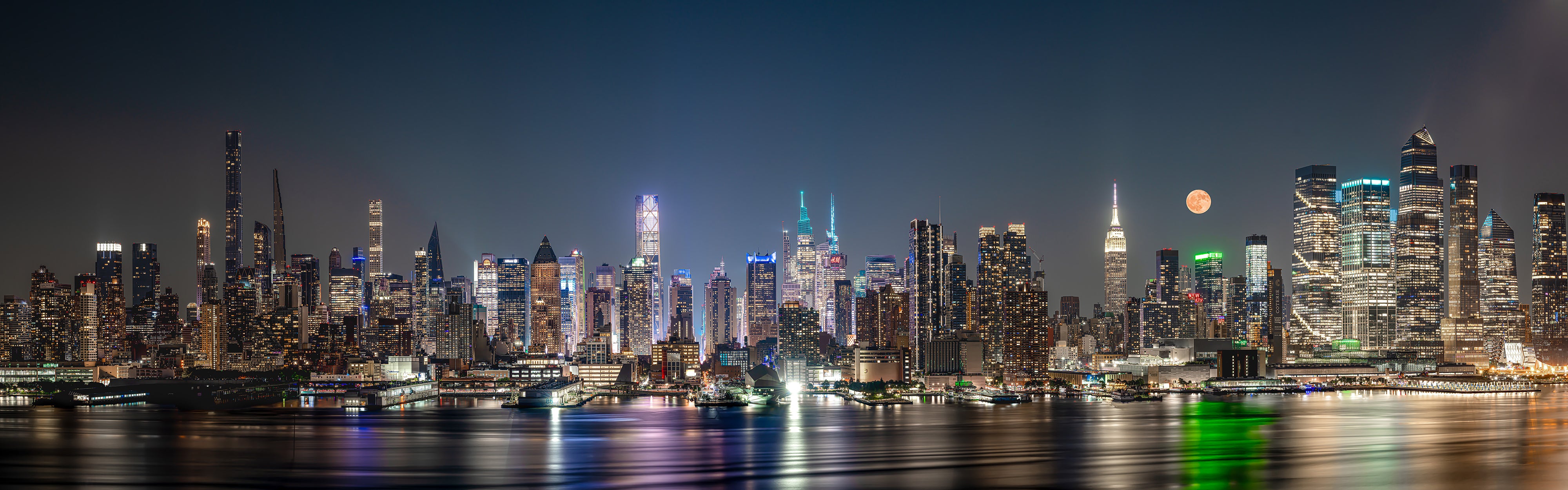 New York Skyline Under Full Moon – Panoramic Acrylic Photo Print ...